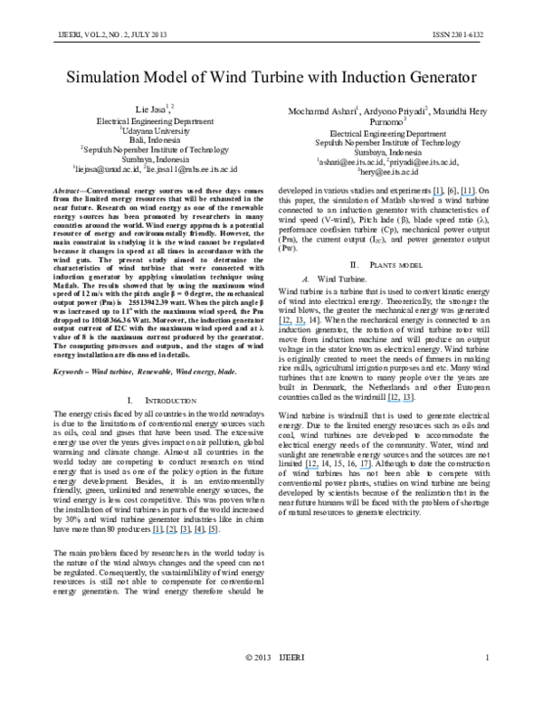 Pdf Simulation Model Of Wind Turbine With Induction Generator