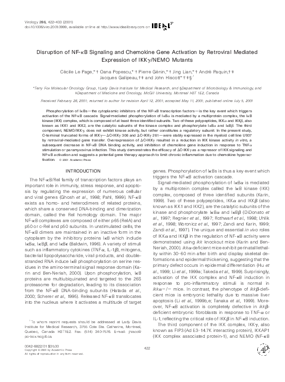 (PDF) Disruption of NF-κB Signaling and Chemokine Gene Activation by ...