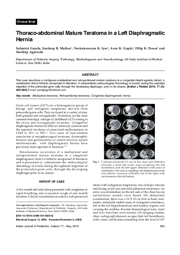 (PDF) Thoraco-abdominal mature teratoma in a left diaphragmatic hernia