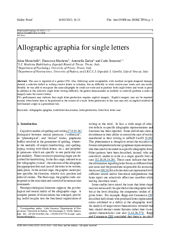 (PDF) Allographic Agraphia for Single letters