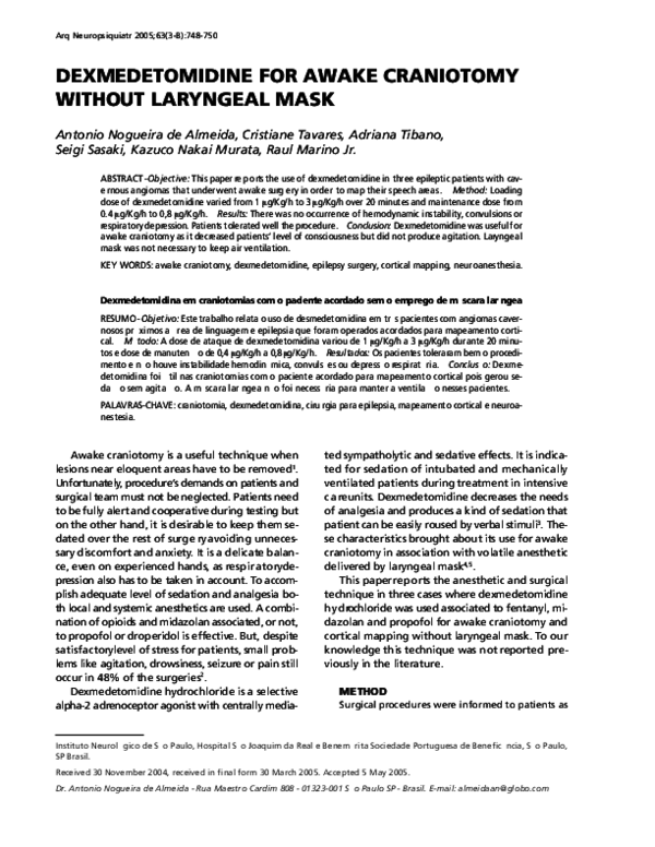 (PDF) Dexmedetomidine for awake craniotomy without laryngeal mask