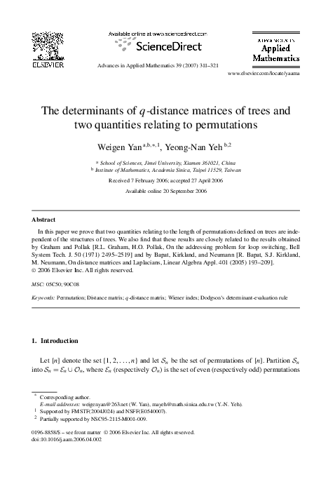 (PDF) The determinants of q-distance matrices of trees and two quantities relating to permutations