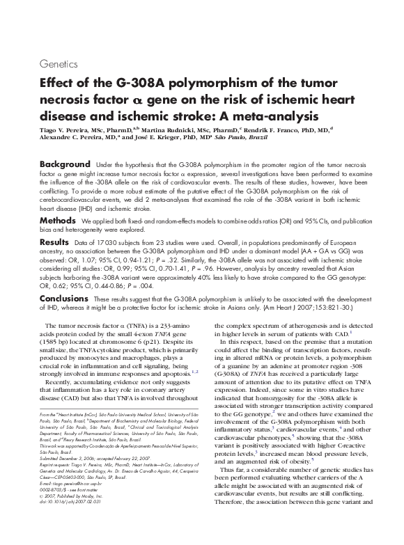 (PDF) Effect of the G-308A polymorphism of the tumor necrosis factor α gene on the risk of ...