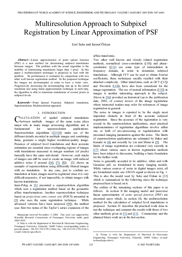 (PDF) Multiresolution Approach to Subpixel Registration by Linear Approximation of PSF