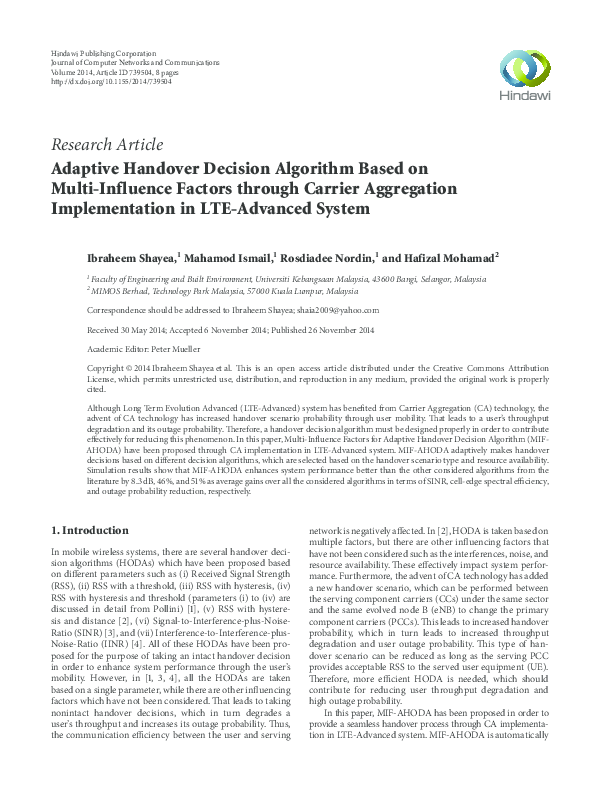(PDF) Adaptive Handover Decision Algorithm Based on Multi-Influence Factors through Carrier ...