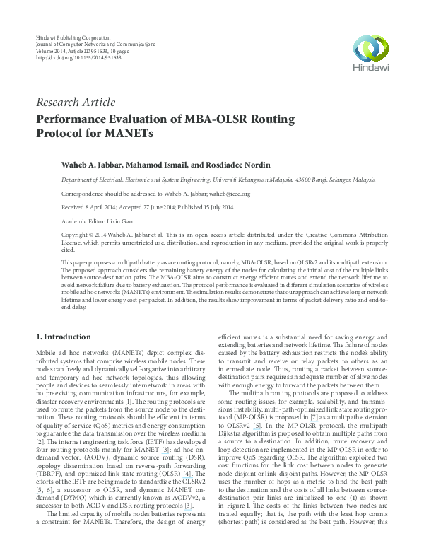 Pdf Performance Evaluation Of Mba Olsr Routing Protocol For Manets