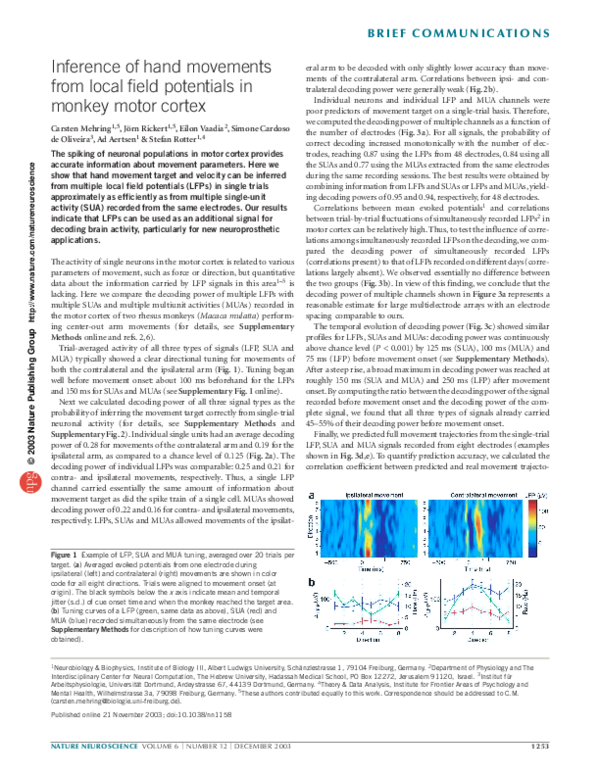 (PDF) Inference of hand movements from local field potentials in monkey ...