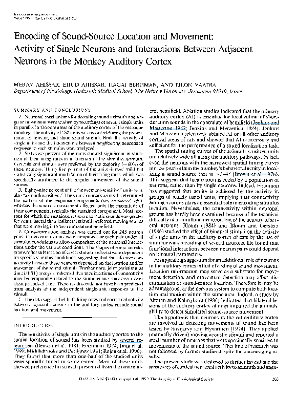 (PDF) Encoding of sound-source location and movement: activity of single neurons and ...