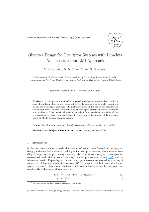 (PDF) Observer Design for Descriptor Systems with Lipschitz Nonlinearities: an LMI Approach