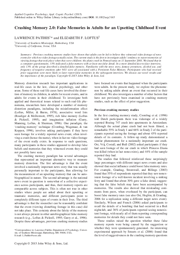 (PDF) Patihis, L., & Loftus, E. F. (2016). Crashing Memory 2.0: False ...
