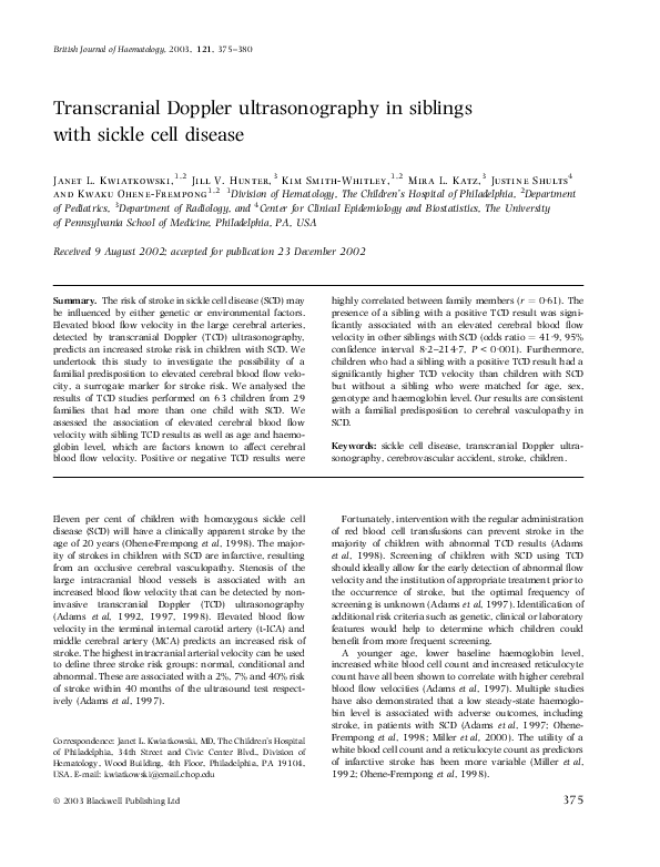 (PDF) Transcranial Doppler ultrasonography in siblings with sickle cell ...