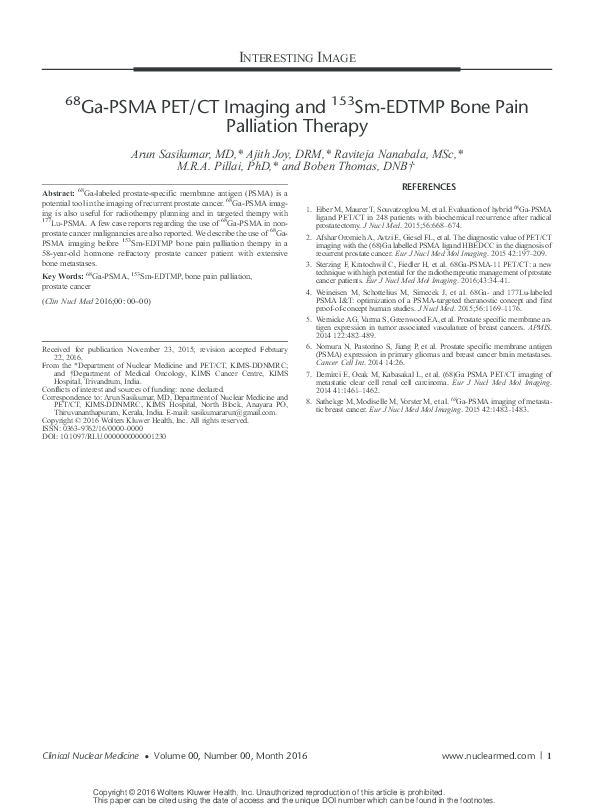 (PDF) Ga-PSMA PET/CT Imaging and 153 Sm-EDTMP Bone Pain Palliation Therapy