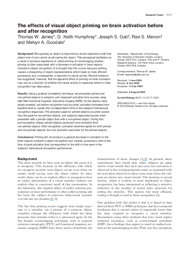 (PDF) The effects of visual object priming on brain activation before ...