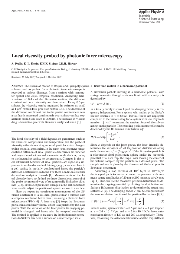 (PDF) Local viscosity probed by photonic force microscopy