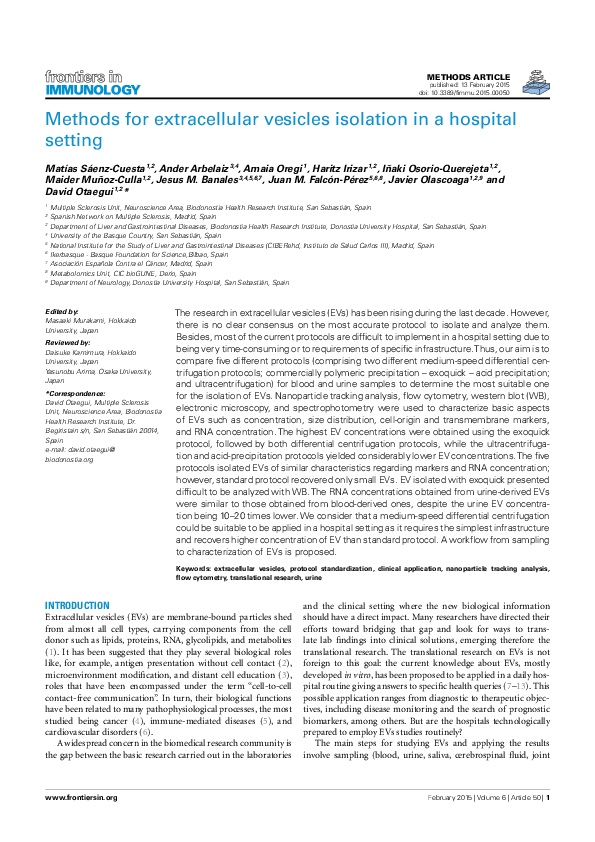 (PDF) Methods for extracellular vesicles isolation in a hospital setting