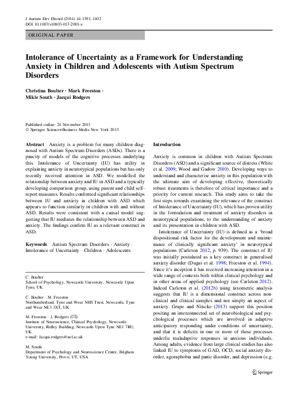 (PDF) Intolerance of Uncertainty as a Framework for Understanding ...