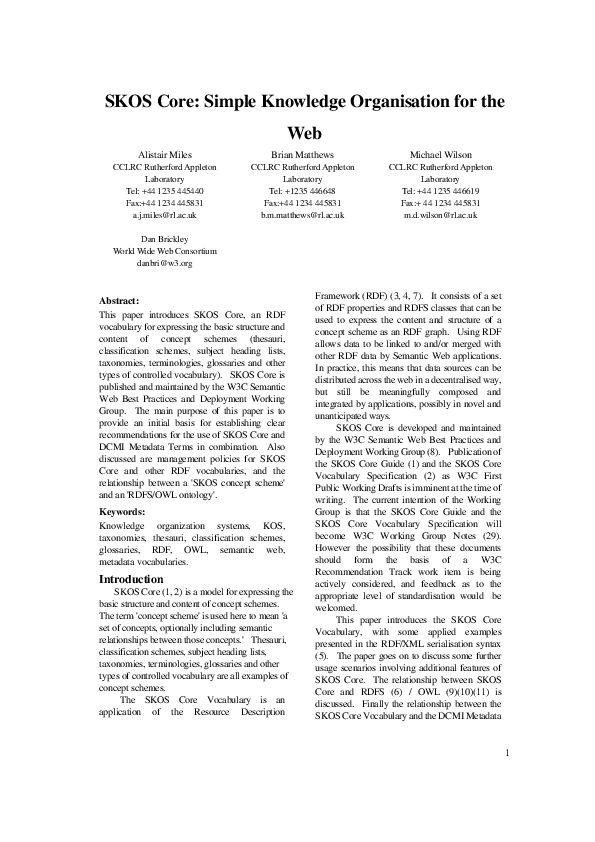 (PDF) Skos core: simple knowledge organisation for the web