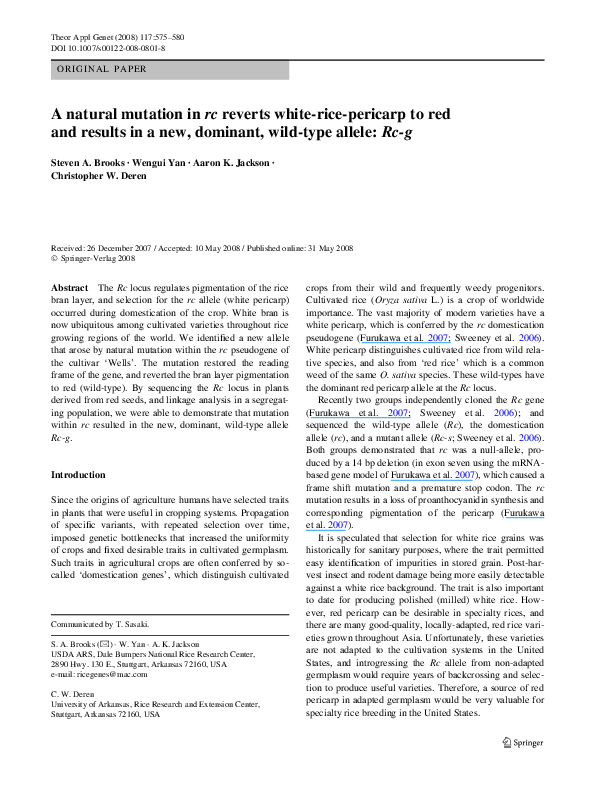 (PDF) A natural mutation in rc reverts white-rice-pericarp to red and ...