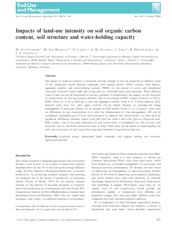 (PDF) Impacts of land-use intensity on soil organic carbon content, soil structure and water ...