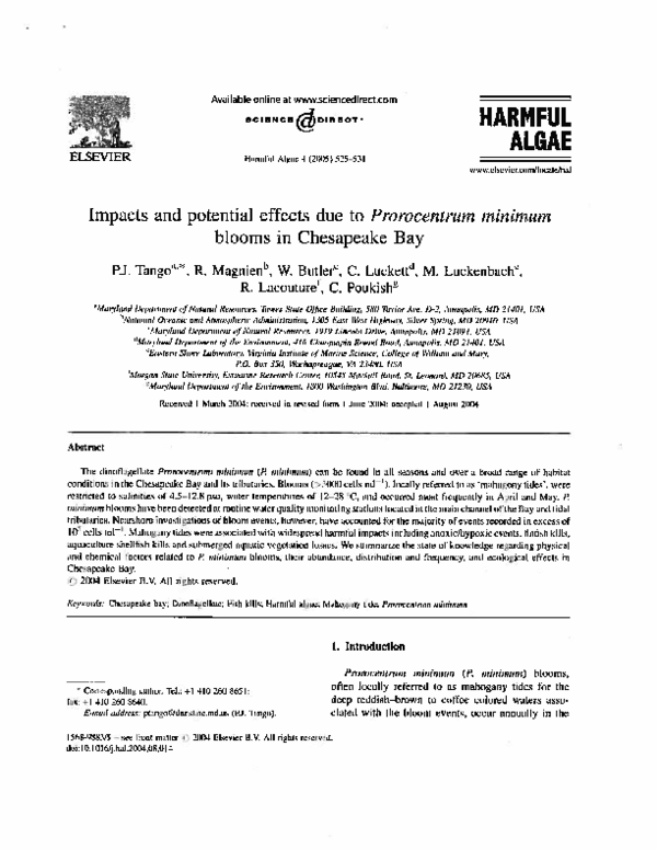 (PDF) Impacts and potential effects due to Prorocentrum minimum blooms ...