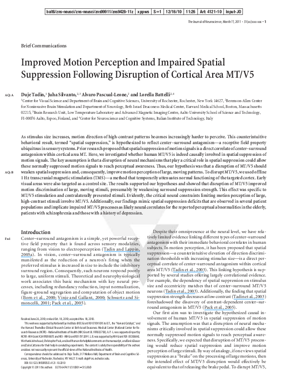 (PDF) Improved Motion Perception and Impaired Spatial Suppression following Disruption of ...
