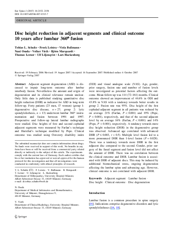 (PDF) Disc height reduction in adjacent segments and clinical outcome ...