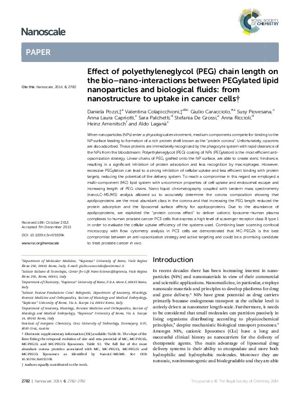 (PDF) Effect of polyethyleneglycol (PEG) chain length on the bio–nano ...