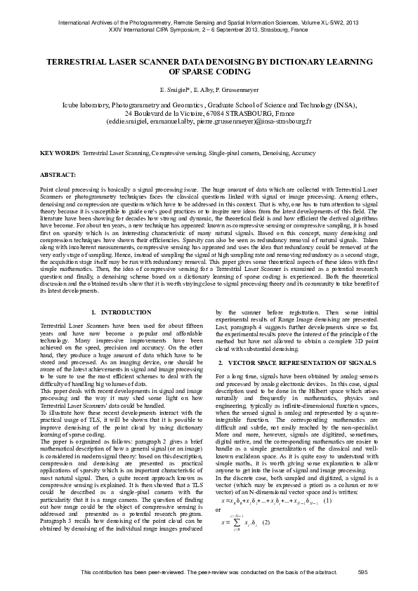Pdf Terrestrial Laser Scanner Data Denoising By Dictionary Learning Of Sparse Coding
