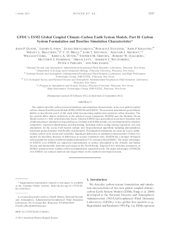 (PDF) GFDL’s ESM2 Global Coupled Climate–Carbon Earth System Models ...
