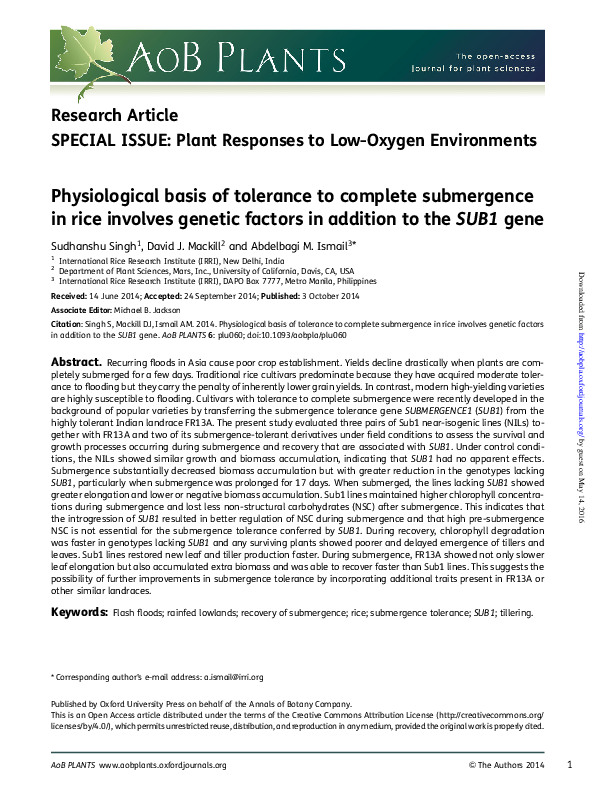 (PDF) Physiological basis of tolerance to complete submergence in rice ...