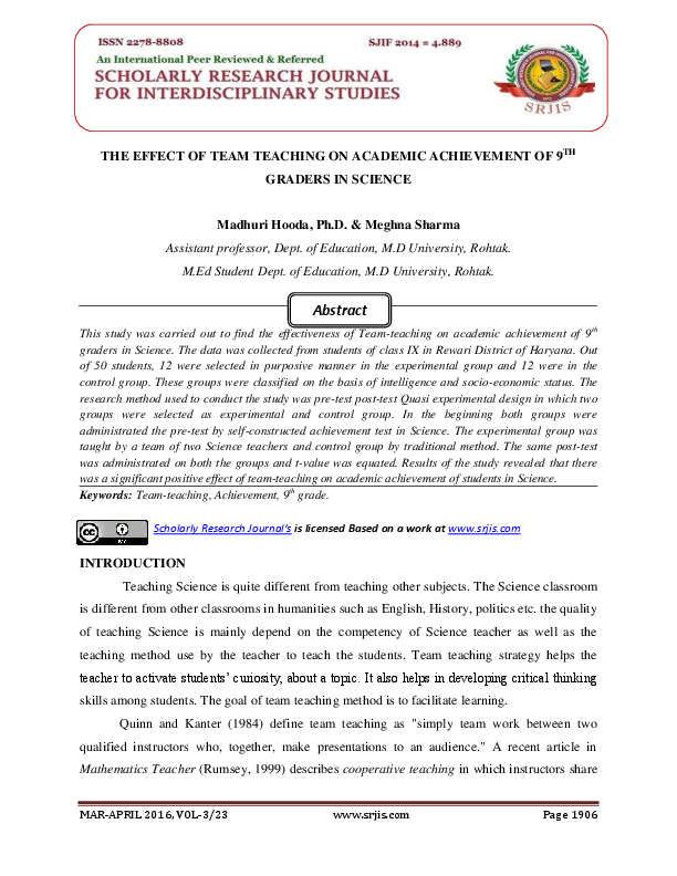(PDF) THE EFFECT OF TEAM TEACHING ON ACADEMIC ACHIEVEMENT OF 9TH ...