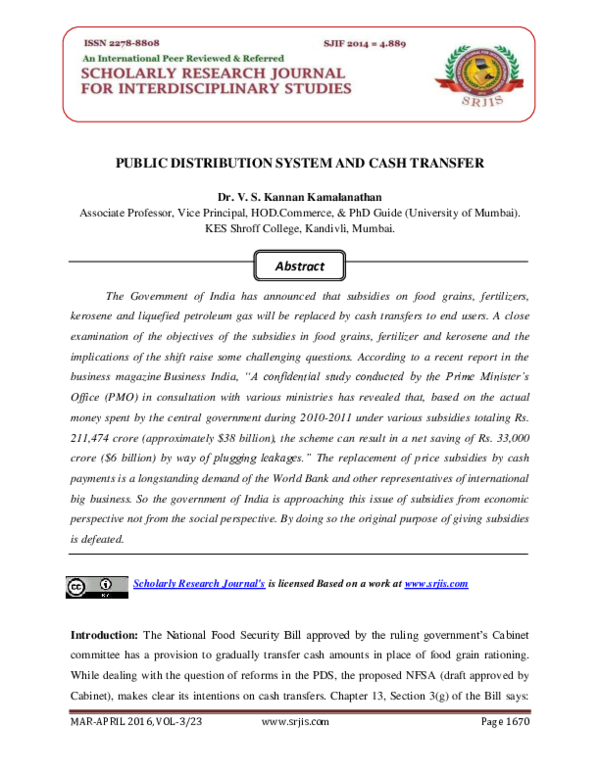 (PDF) PUBLIC DISTRIBUTION SYSTEM AND CASH TRANSFER