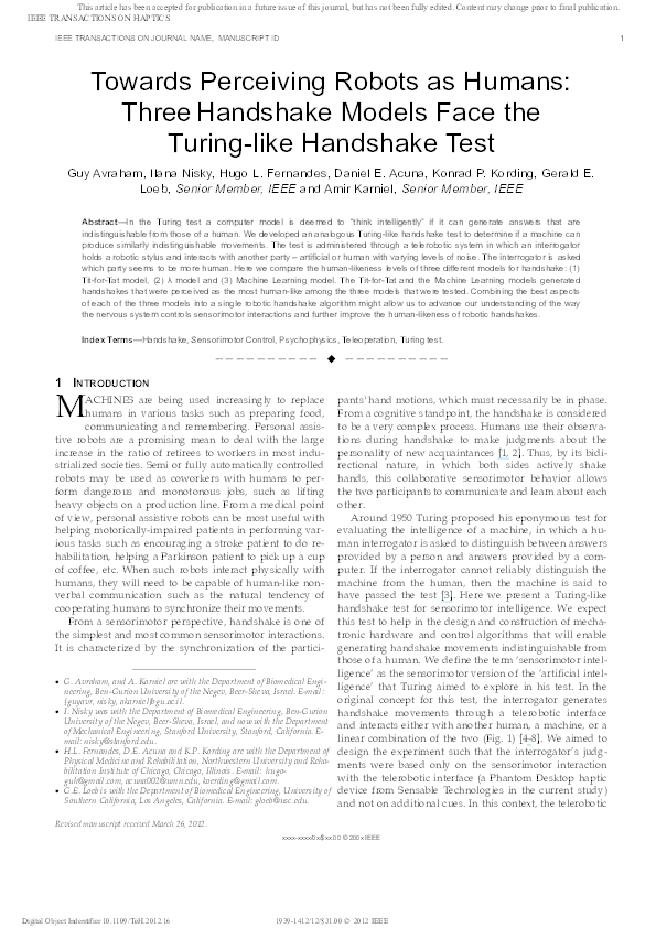(PDF) Toward perceiving robots as humans: Three handshake models face ...
