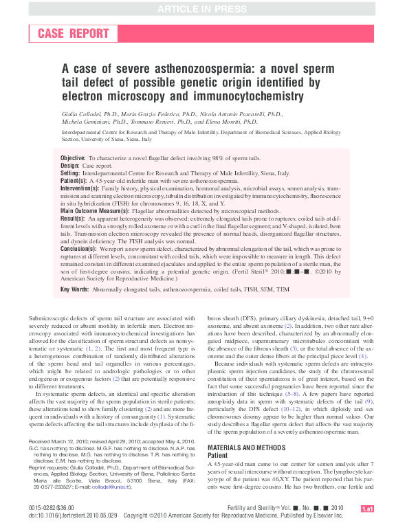 (PDF) A case of severe asthenozoospermia: a novel sperm tail defect of possible genetic origin ...