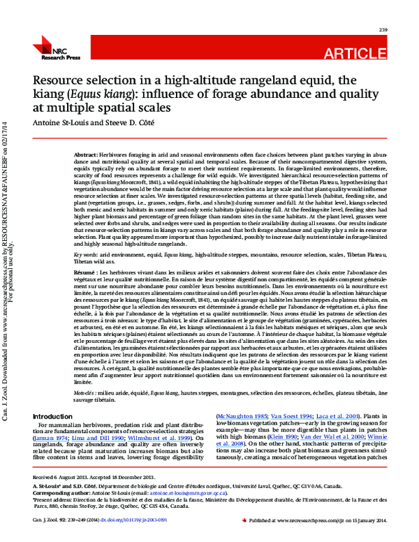 (PDF) Resource selection in a high-altitude rangeland equid, the kiang ...
