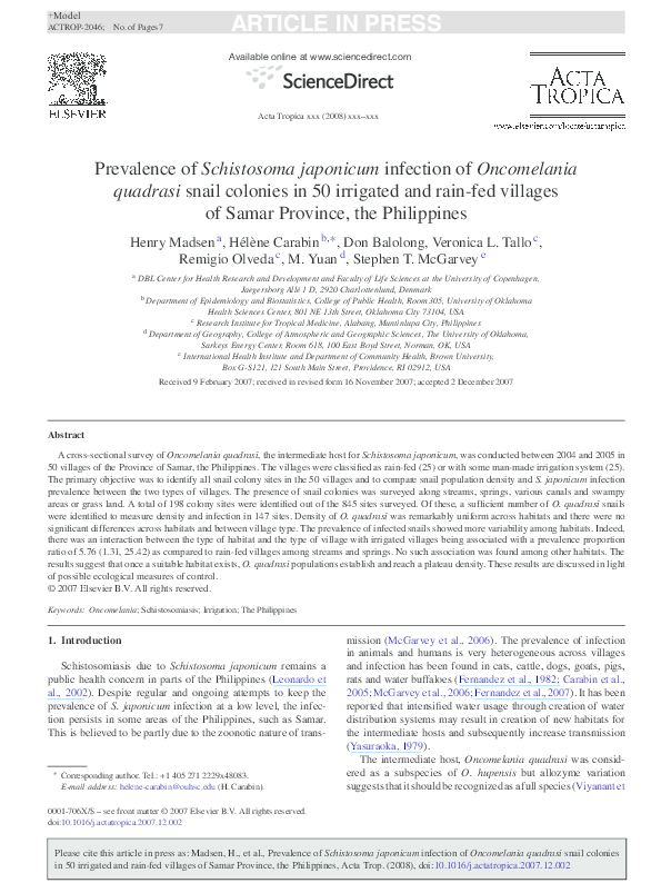 Pdf Prevalence Of Schistosoma Japonicum Infection Of Oncomelania Quadrasi Snail Colonies In 50