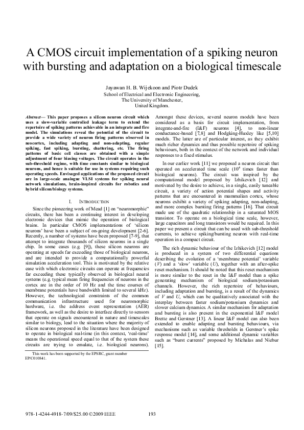 (PDF) A CMOS circuit implementation of a spiking neuron with bursting and adaptation on a ...