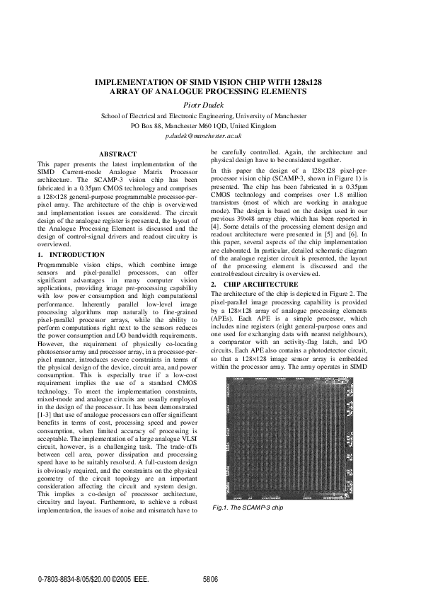 (PDF) Implementation of SIMD vision chip with 128×128 array of analogue processing elements