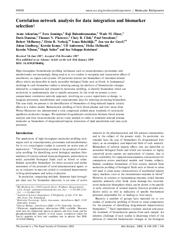 Pdf Correlation Network Analysis For Data Integration And Biomarker Selection