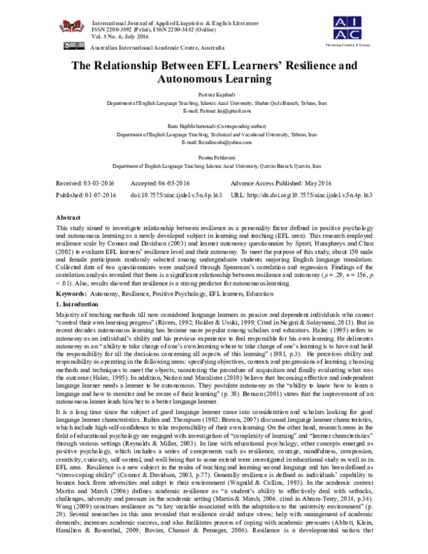 (PDF) The Relationship Between EFL Learners' Resilience and Autonomous Learning