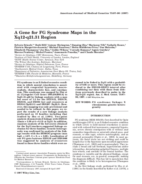 (PDF) A gene for FG syndrome maps in the Xq12-q21.31 region