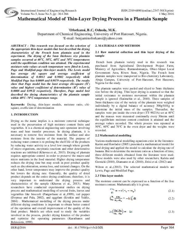 (PDF) Mathematical Model of Thin-Layer Drying Process in a Plantain Sample