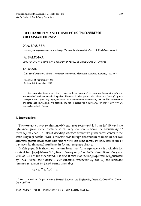 Decidability and density in two-symbol grammar forms