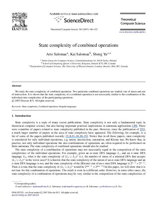 (PDF) State complexity of combined operations