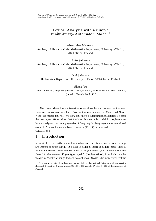 (PDF) Lexical Analysis with a Simple Finite-Fuzzy-Automaton Model