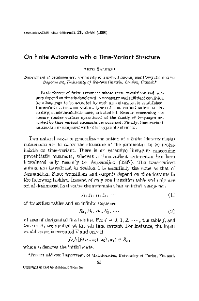 Pdf On Finite Automata With A Time Variant Structure Arto Salomaa