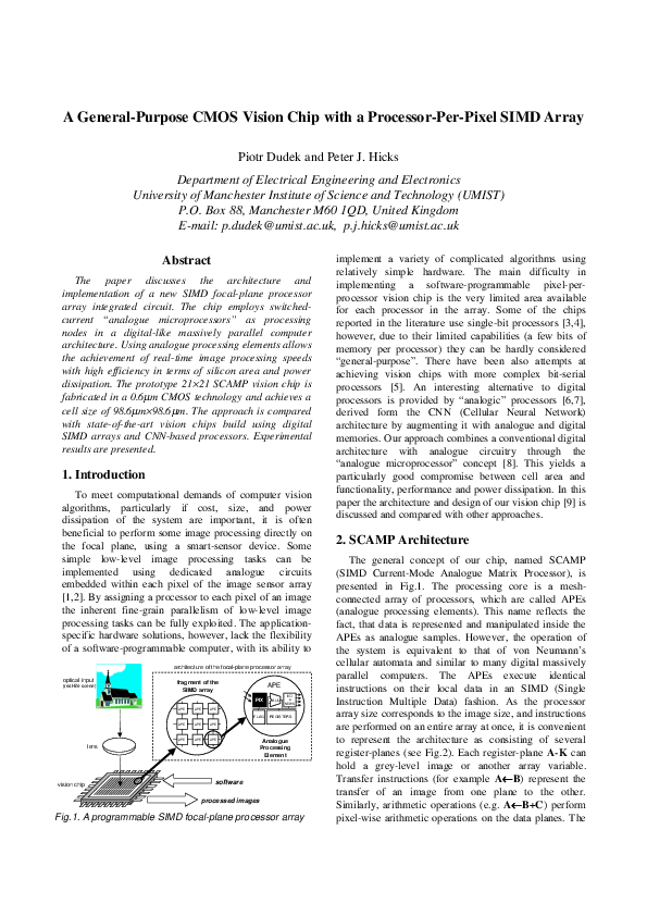 Pdf A General Purpose Cmos Vision Chip With A Processor Per Pixel Simd Array