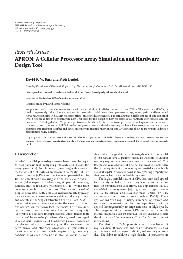 Pdf Apron A Cellular Processor Array Simulation And Hardware Design Tool