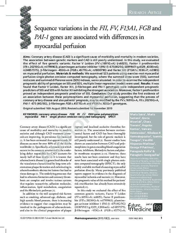 (PDF) Sequence variations in the FII , FV , F13A1 , FGB and PAI-1 genes ...