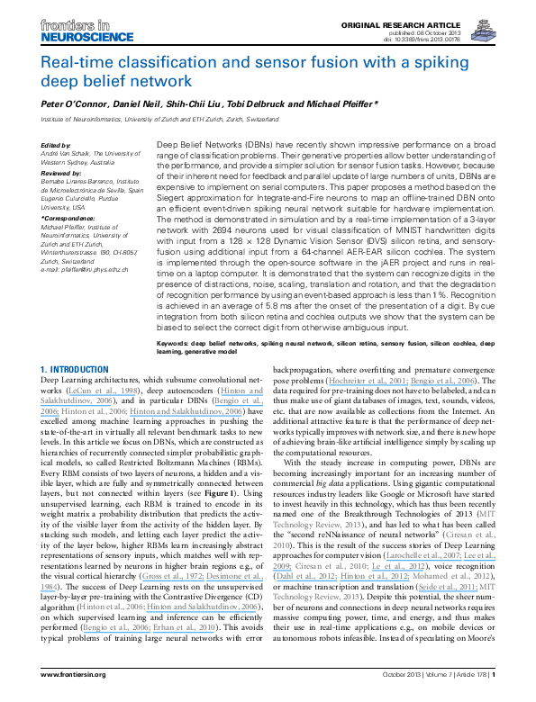 (PDF) Real-time classification and sensor fusion with a spiking deep belief network